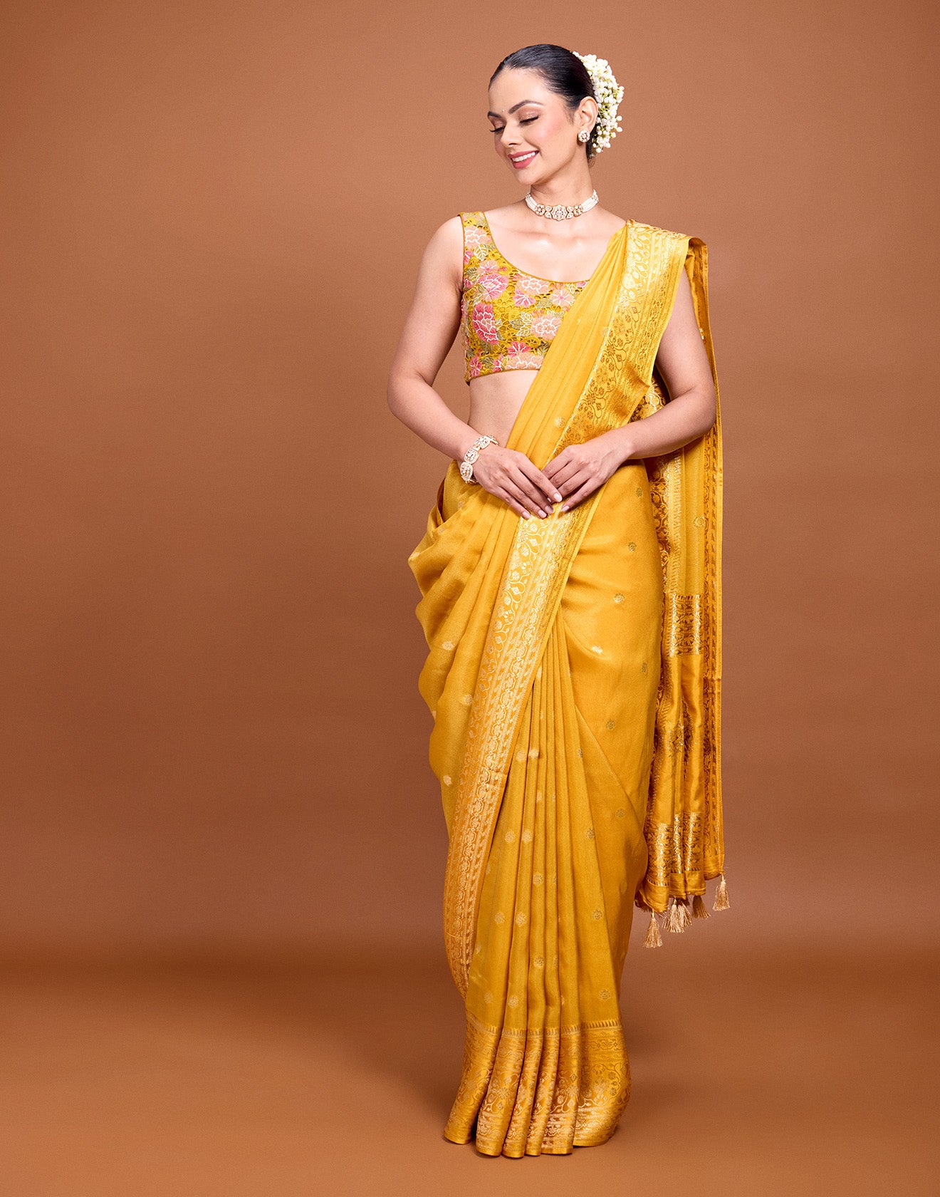 Mustard Yellow Floral Weave Silk Saree – Roopkala Global