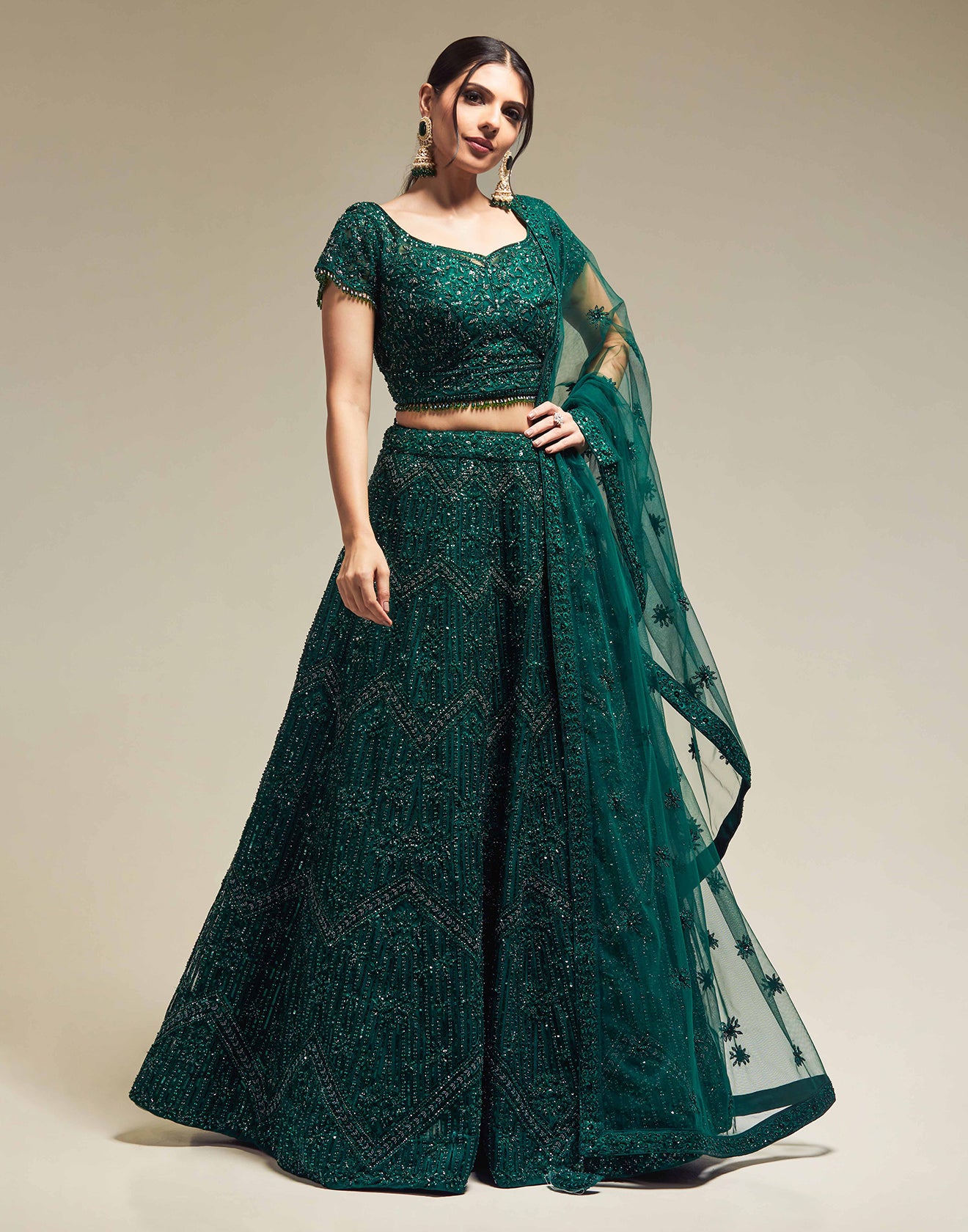 Deep Green Chevron Embroidered Lehenga Set – Roopkala Global