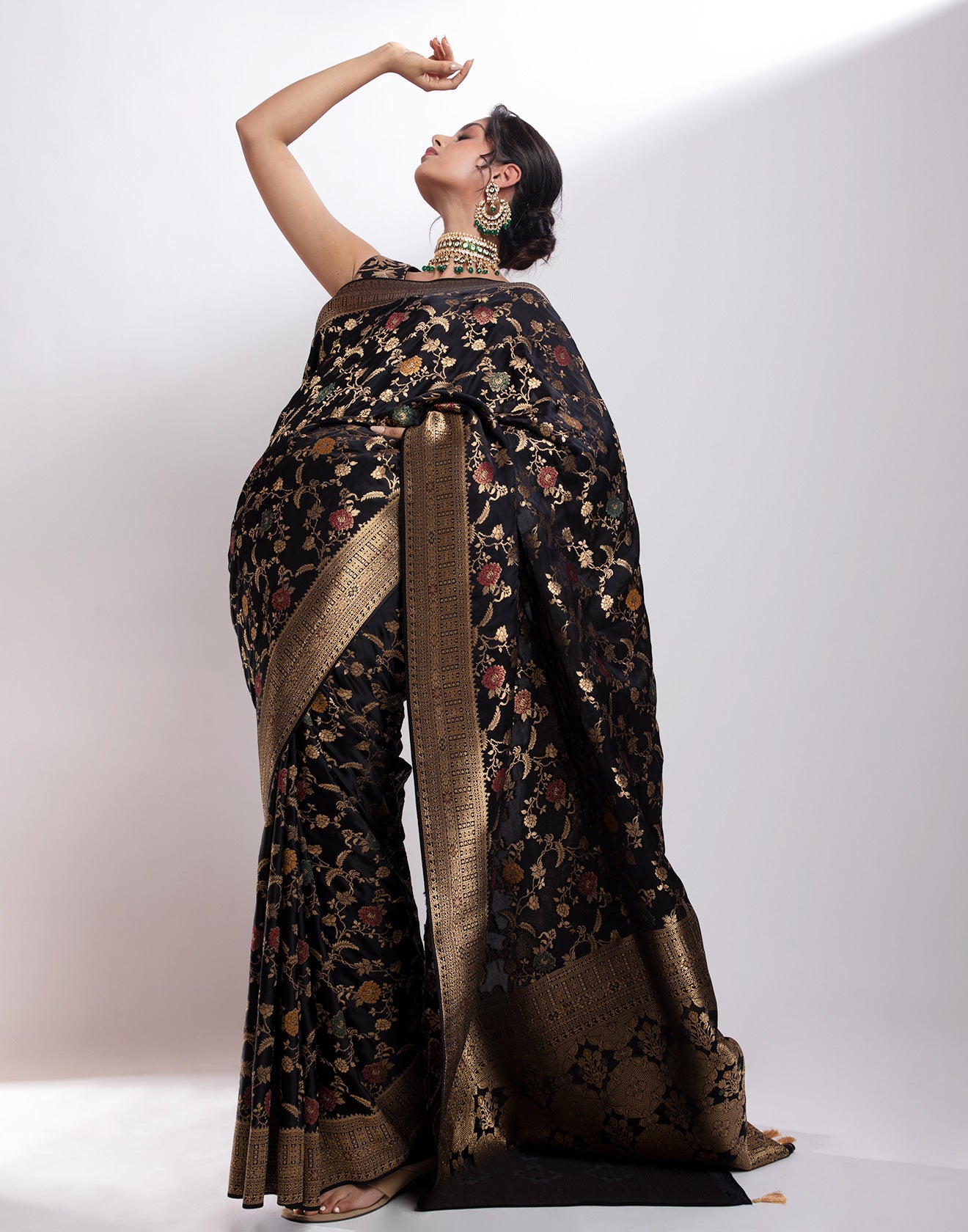 Jet Black Traditional Banarasi Silk Saree – Roopkala Global