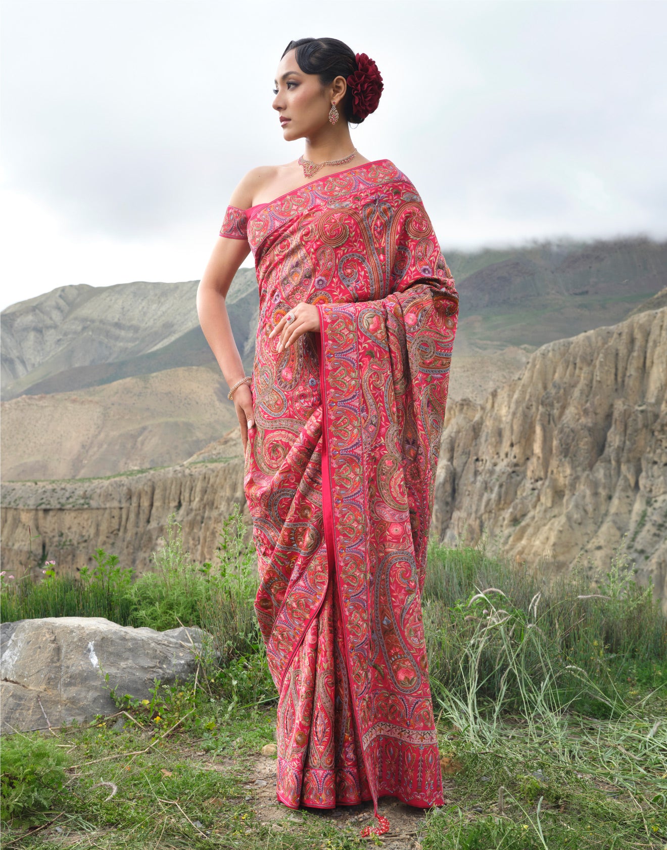 Ruby Red Pashmina Embroidered Saree – Roopkala Global