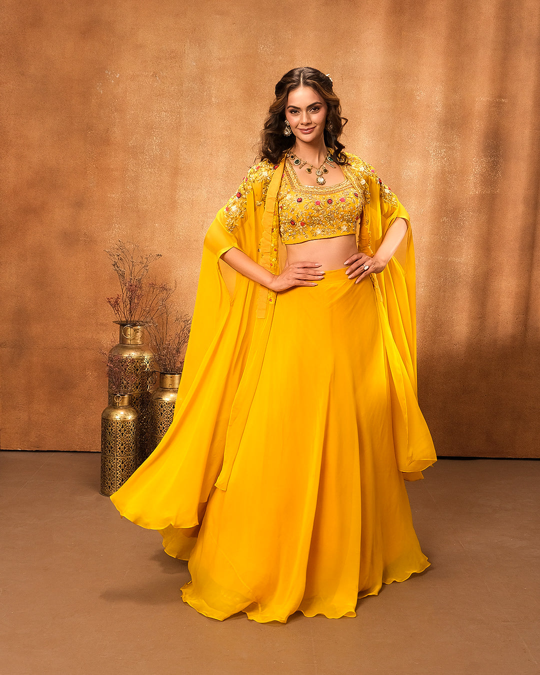 Mustard Yellow Embroidered Bustier With Jacket & Skirt Set – Roopkala ...