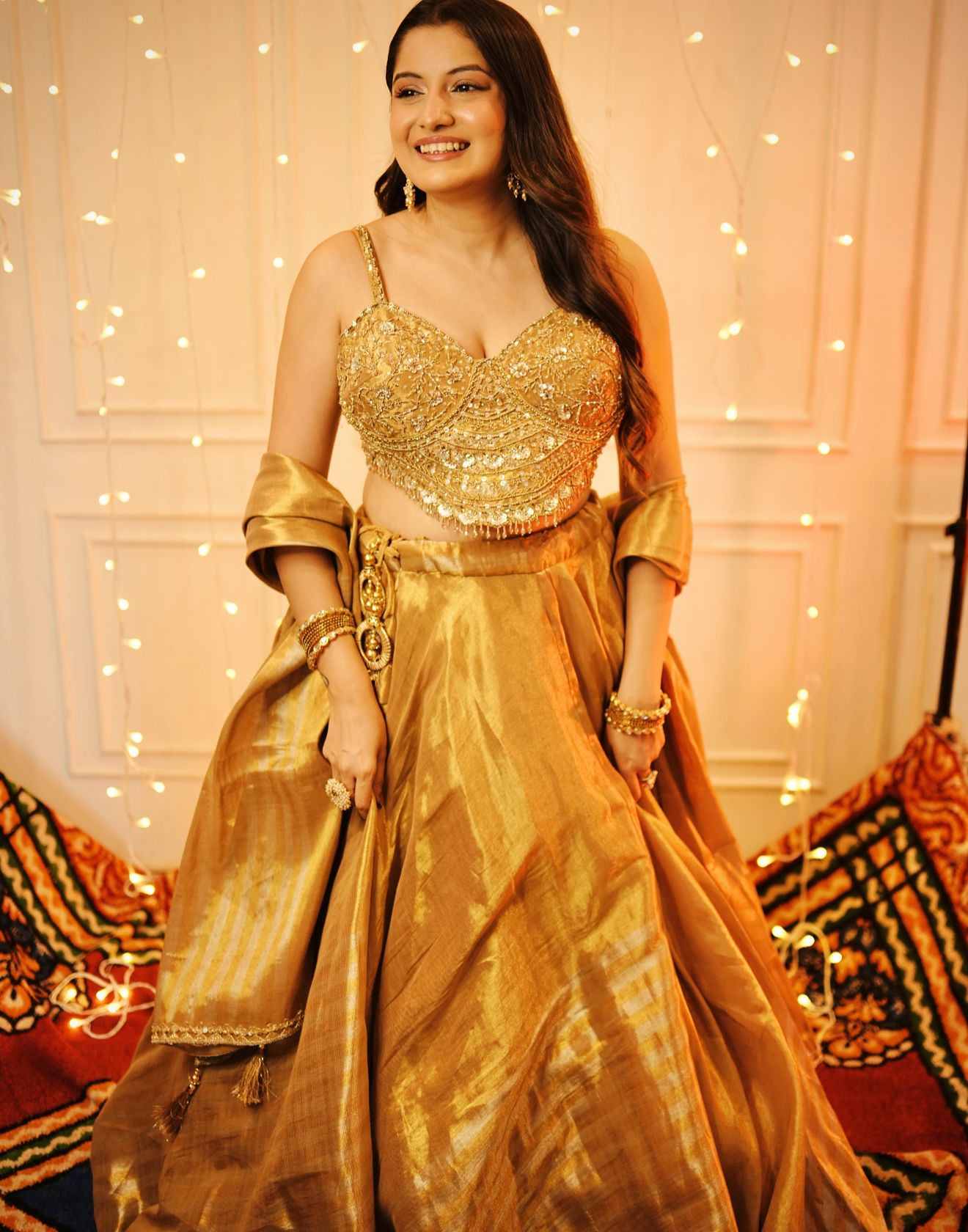 Vinni Jain Golden Glam Embellished Tissue Silk Lehenga – Roopkala Global
