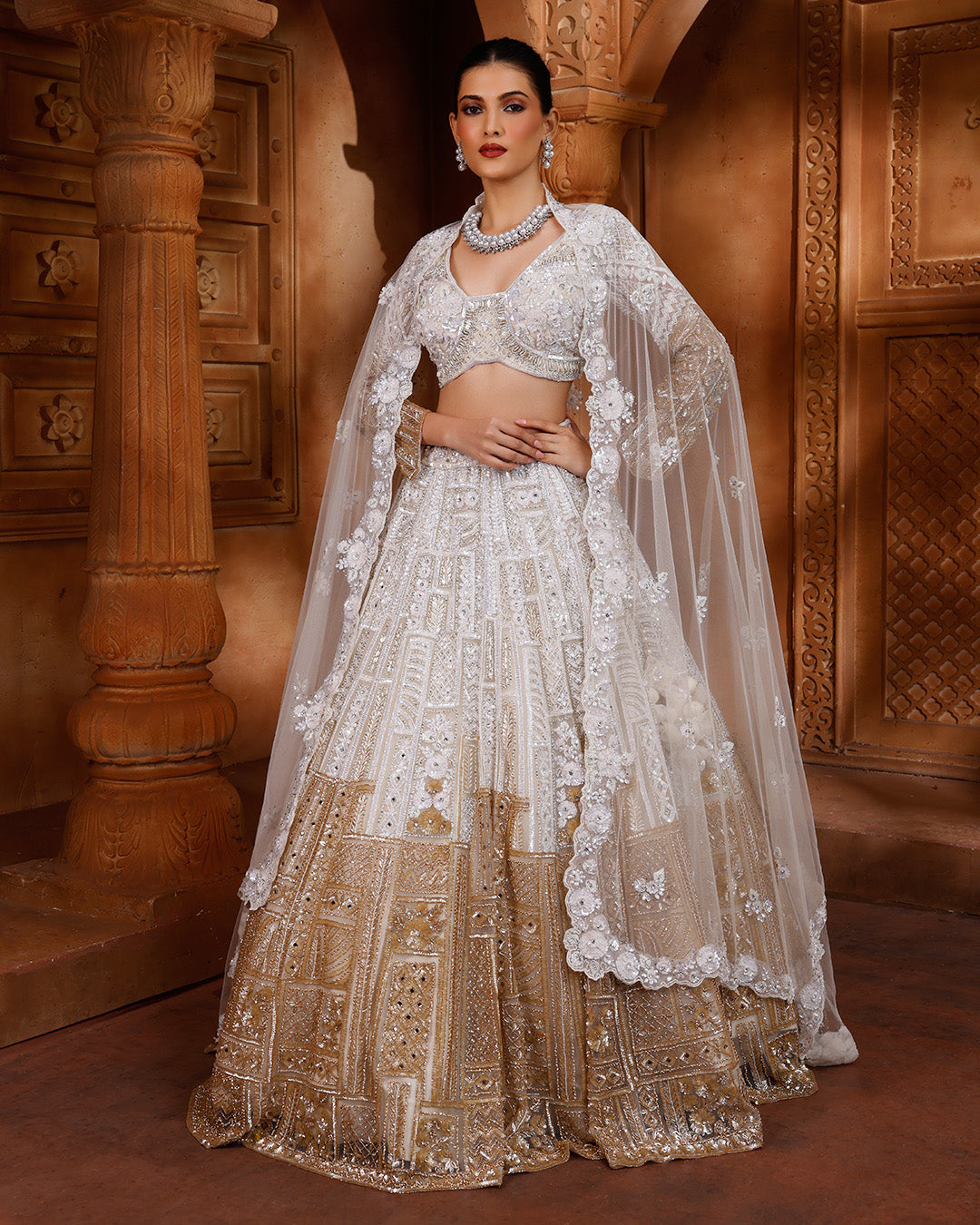 White & Bronze Bridal Lehenga For Sangeet – Roopkala Global