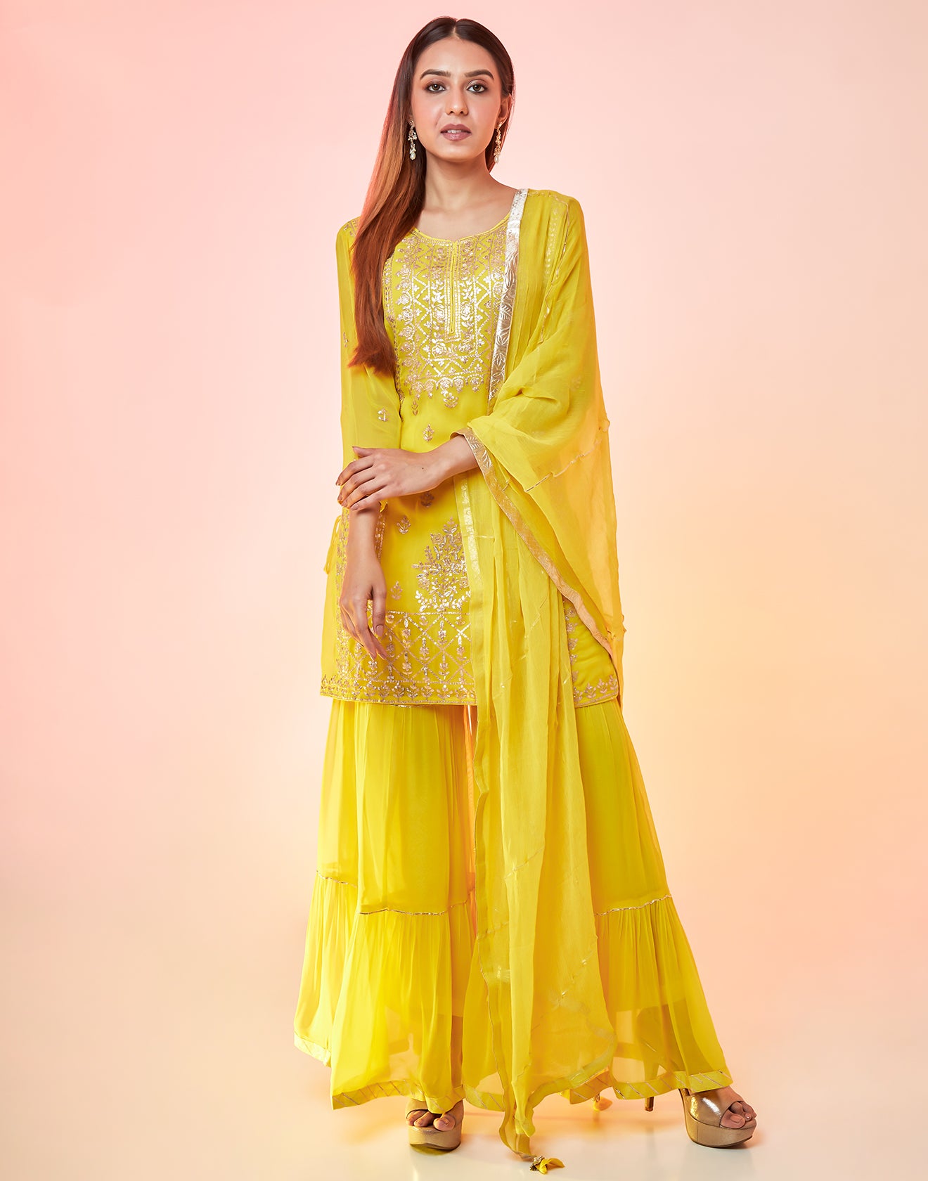 Neon Yellow Short Suit Gharara Set Embellished In Gota Work – Roopkala ...